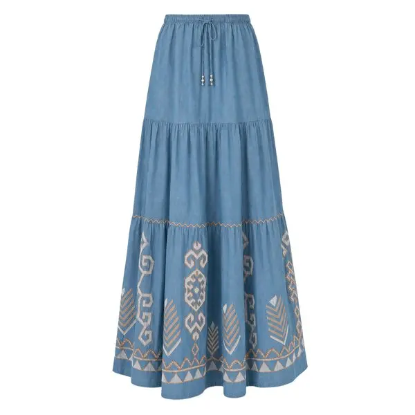 Adrift Clothing Elora Chambray Tiered Skirt In Eterna - Blue