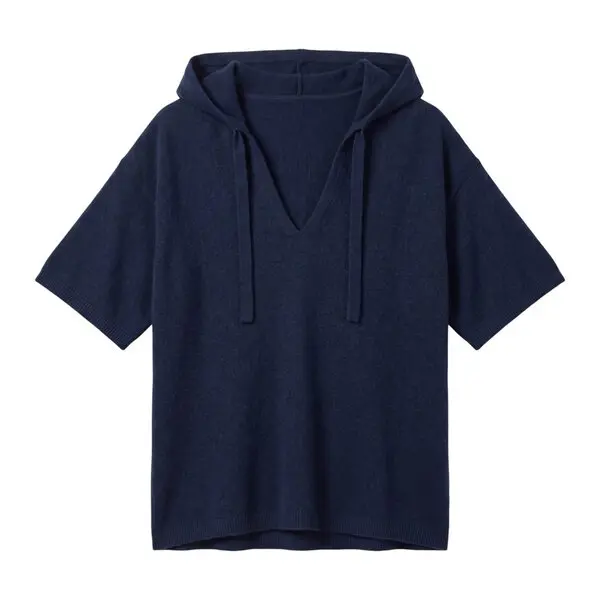 BRODIE CASHMERE Solid Aura Hooded Cashmere Tee - Blue