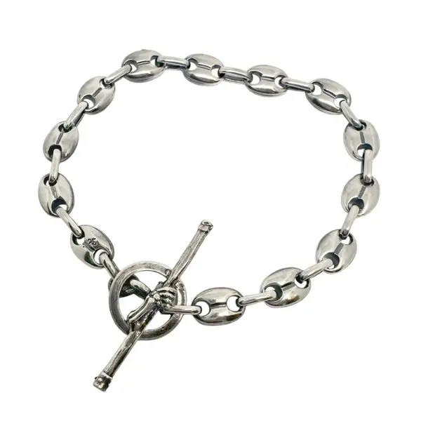 TG-JEWELLERY BY TAMARA GERVASIO Silver / Black Anchor Link Sterling Silver Bracelet With Skull Hand T-bar Clasp - Silver/black