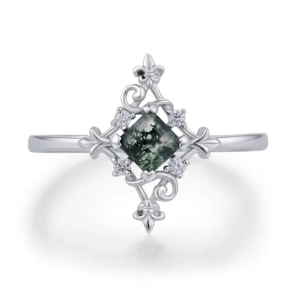 AZURA JEWELRY NEW YORK Vine Diamond Moss Agate Ring In White Gold Vermeil - Silver