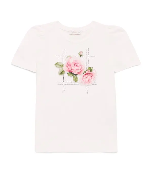 Monnalisa Embellished Rose Print T-shirt - Ivory