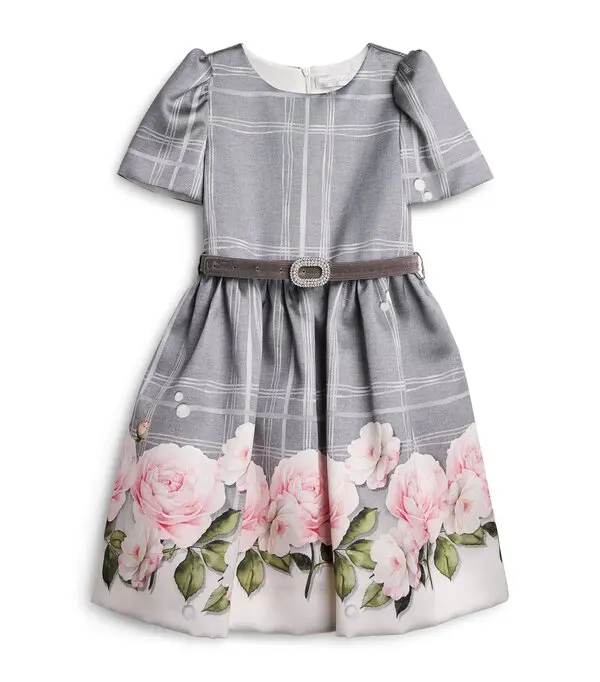 Monnalisa Rose Print Belted Mikado Dress