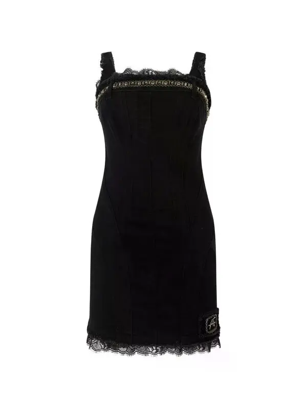Alberta Ferretti Denim Lace-trimmed Chain-embellished Mini Dress - Black