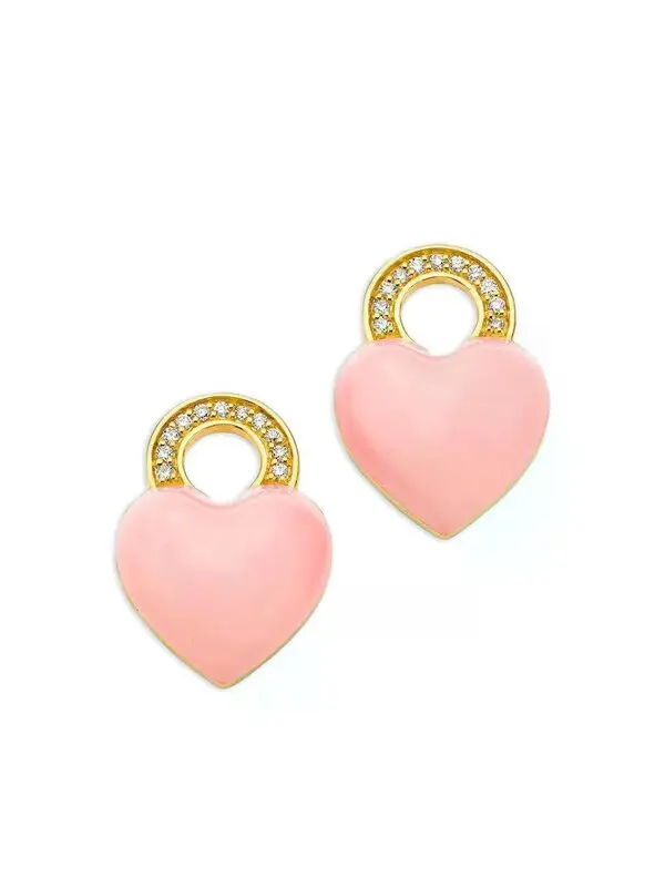 BUDDHA MAMA 20k Yellow Gold Heart Diamond Charm Earrings - Pink