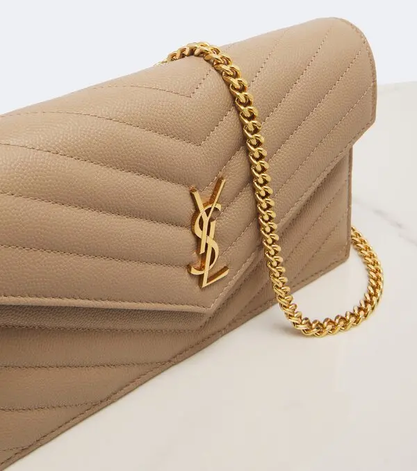Saint Laurent Cassandre Envelope Leather Wallet On Chain - Beige