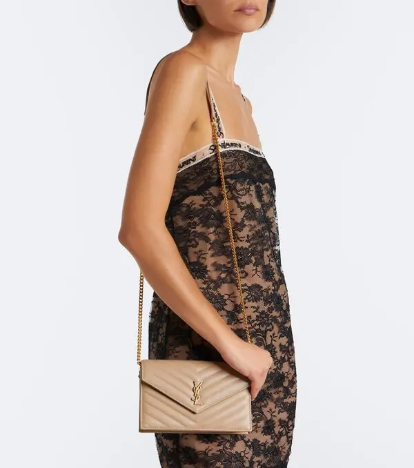 Saint Laurent Cassandre Envelope Leather Wallet On Chain - Beige
