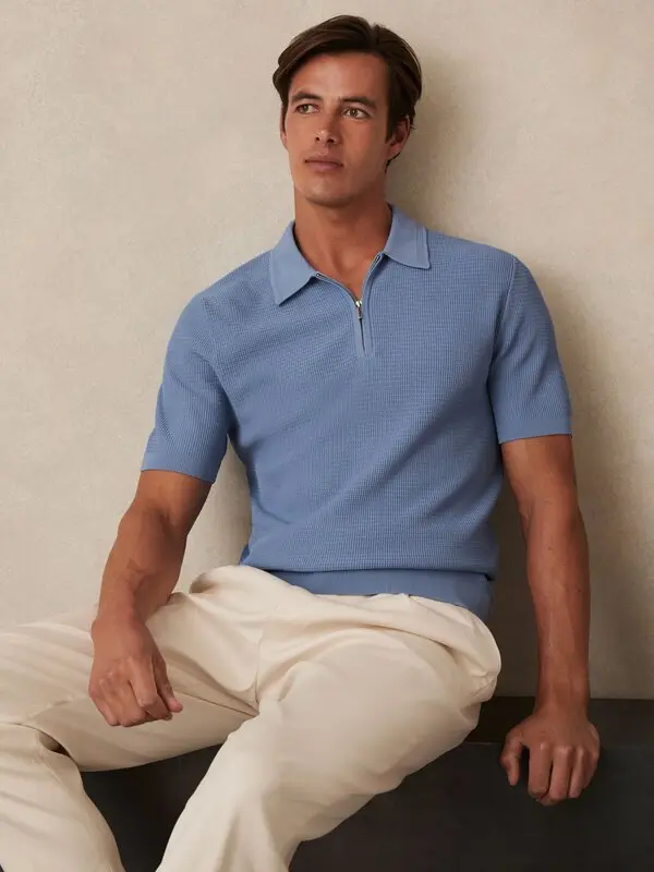 REISS Textured Half-zip Polo Shirt - Blue