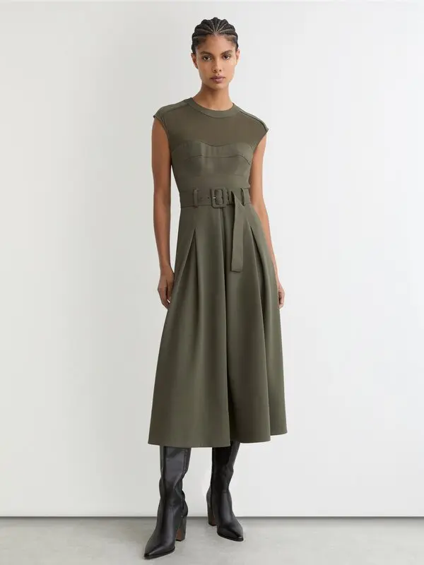 REISS Mesh-panel Belted Midi Dress