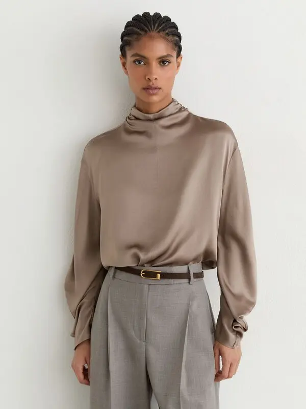 REISS Meena Silk High-neck Blouse - Neutral