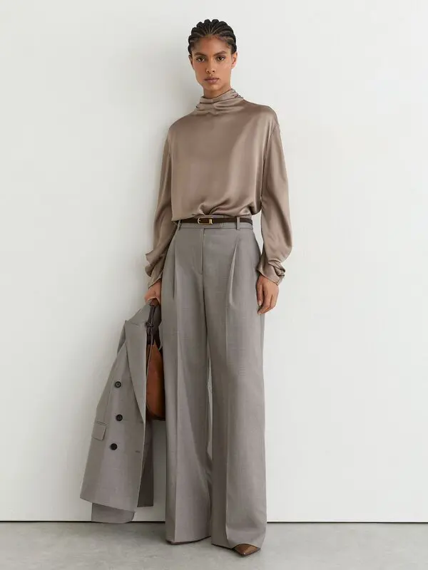 REISS Meena Silk High-neck Blouse - Neutral