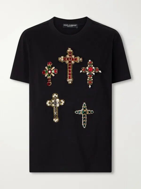 Dolce & Gabbana Embellished Cotton-jersey T-shirt - Black