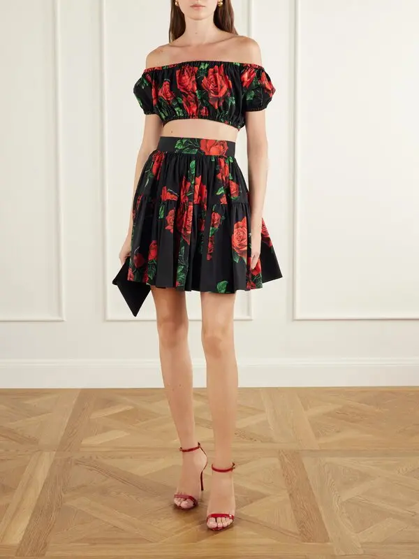 Dolce & Gabbana Off-the-shoulder Cropped Floral-print Cotton Top - Black