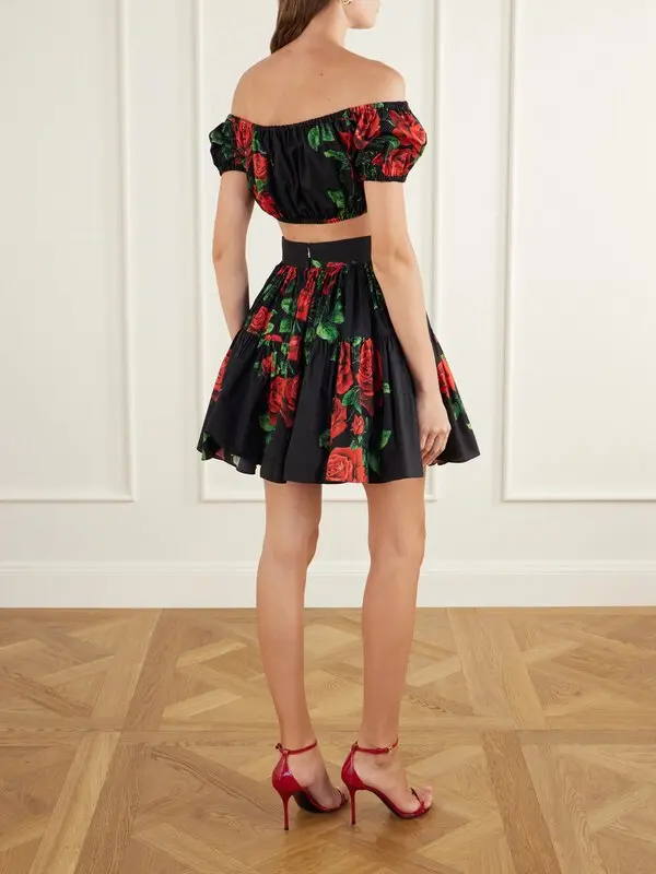 Dolce & Gabbana Off-the-shoulder Cropped Floral-print Cotton Top - Black