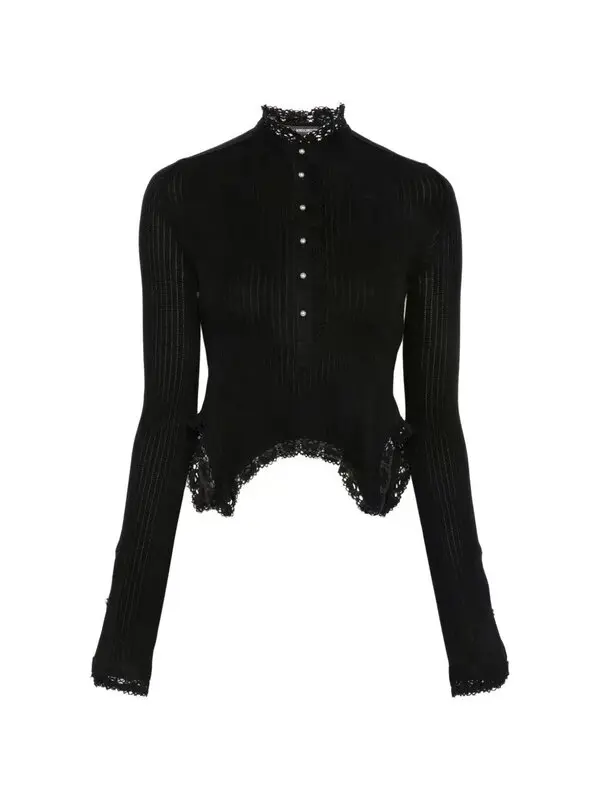 ANN DEMEULEMEESTER Lace-trimmed Ribbed High Neck Top - Black