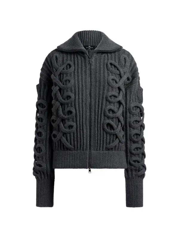 Etro Ribbed Wool-blend Cardigan With Braided Detailing