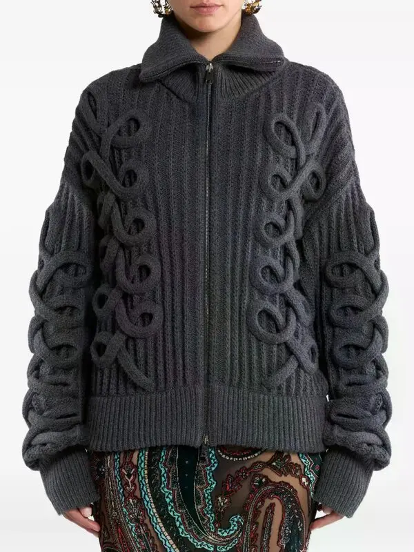 Etro Ribbed Wool-blend Cardigan With Braided Detailing