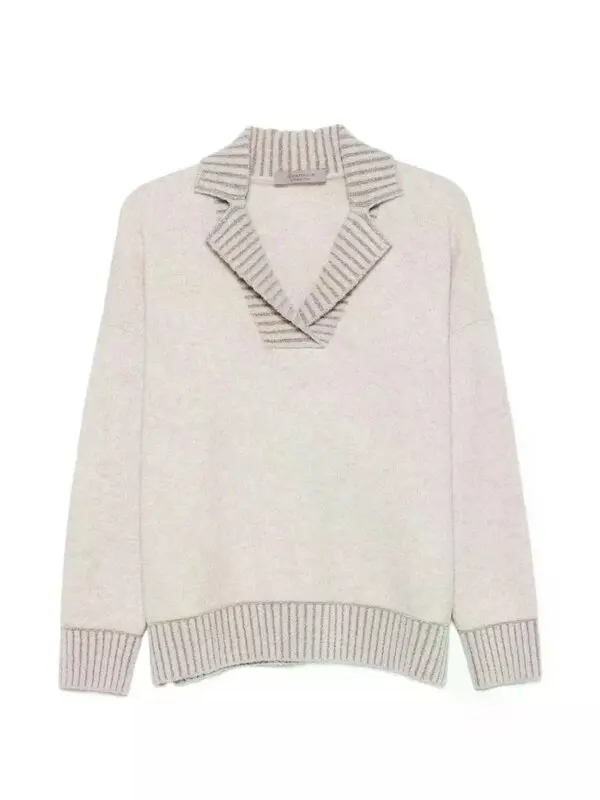 D.exterior Striped Trim Spread Collar Sweater - Neutrals