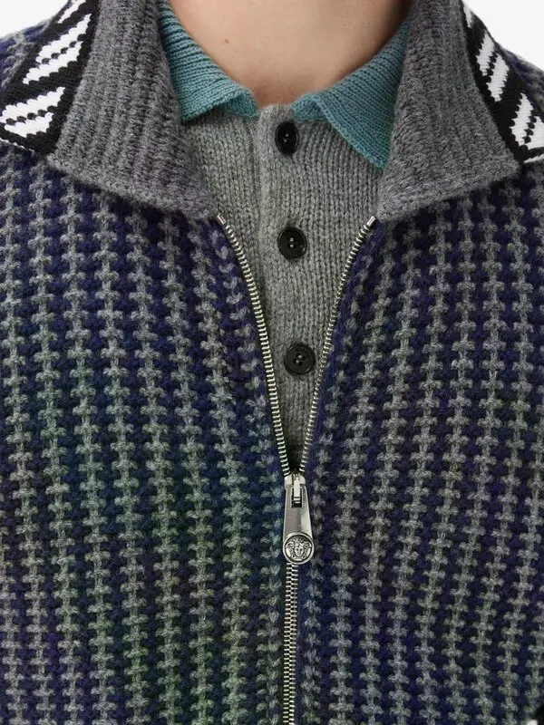 Versace Intarsia Wool Knit Zip Cardigan