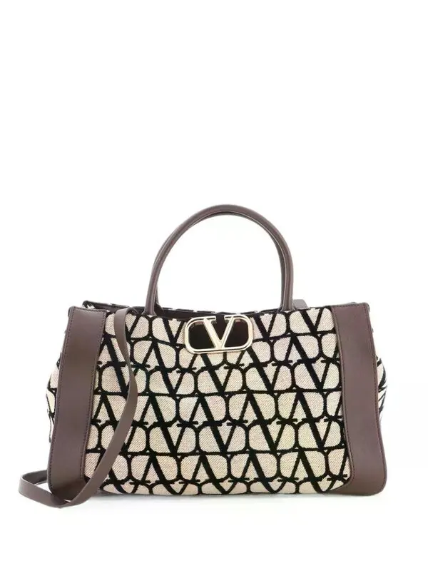 Valentino Garavani Vlogo Shopper Toile Iconograph Fabric With Leather Tote Bag - Brown