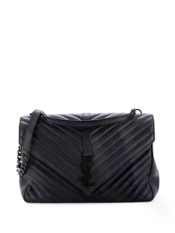 Saint Laurent Classic Monogram College Bag Matelasse Chevron Leather Large Shoulder Bag - Black