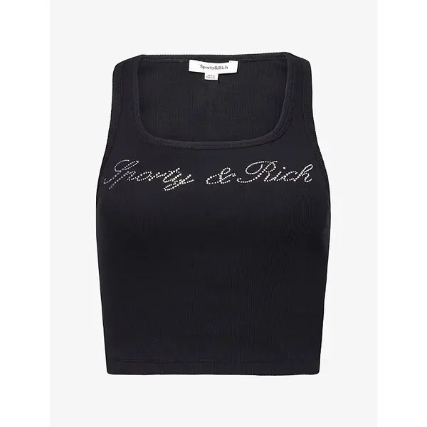 SPORTY & RICH Cropped Cotton Tank Top With Crystal Logo - Black