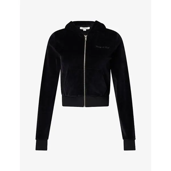 SPORTY & RICH Crystal-logo Zip-up Cotton Velour Hoodie - Black