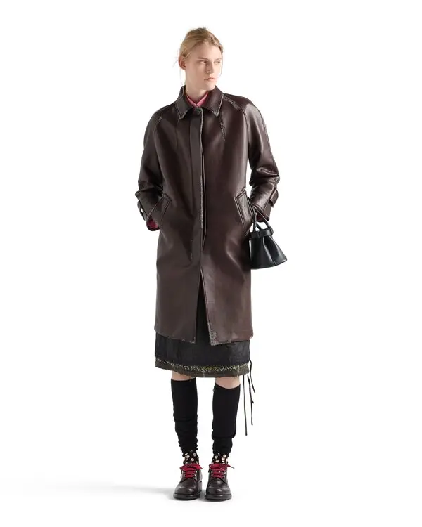 Prada Bonded Nappa Leather And Chevron Shetland Wool Coat