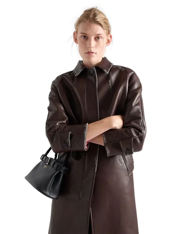 Prada Bonded Nappa Leather And Chevron Shetland Wool Coat