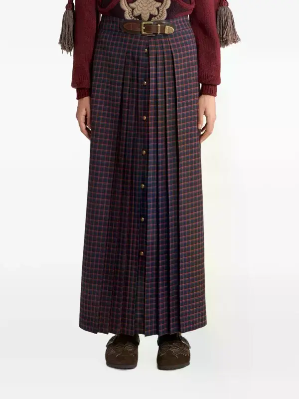 Etro Wool Maxi Skirt With Pleating And Check Motif - Blue