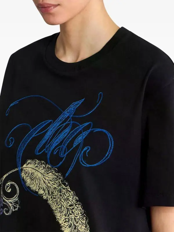 Etro Cotton T-shirt With Logo Embroidery And Feather Print