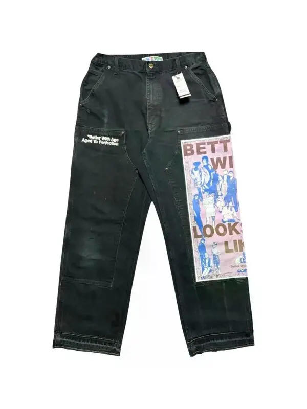 BETTER WITH AGE Graphic Print Patchwork Trousers - Black