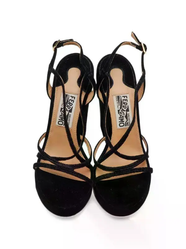FERRAGAMO Velvet Embroidered Floral Strappy Platform Wedge Sandals