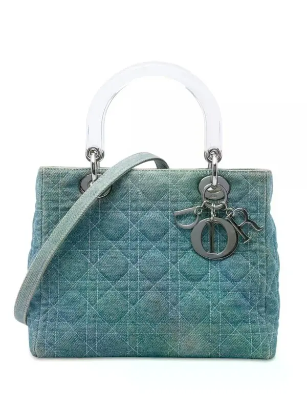 Dior 1999 Medium Denim Cannage Acrylic Handles Lady Satchel - Blue