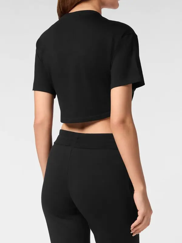 PLEIN SPORT Cropped Jersey T-shirt With Contrast Logo Print - Black
