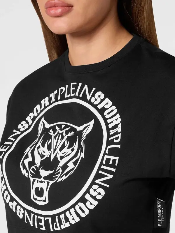 PLEIN SPORT Cropped Jersey T-shirt With Contrast Logo Print - Black
