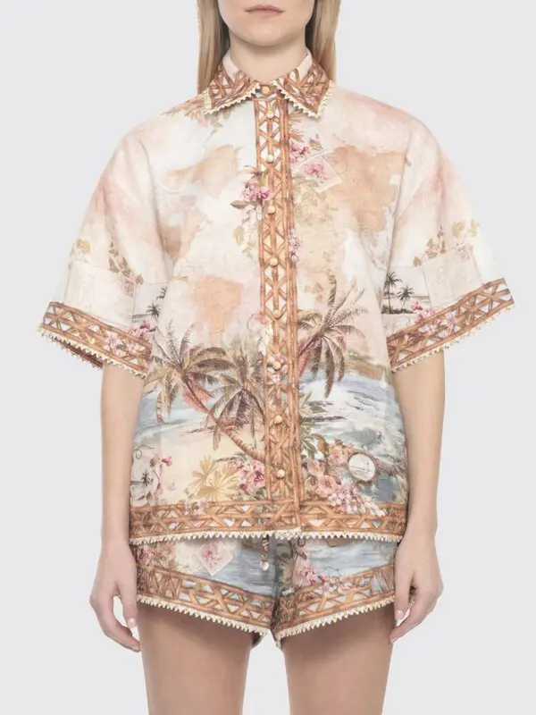 Zimmermann Tropical Print Linen Shirt With Contrast Piping