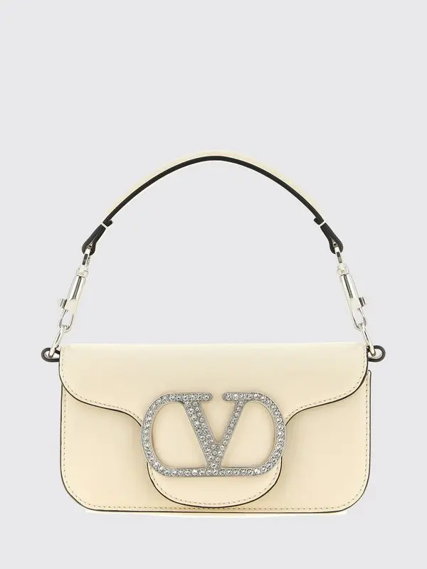 Valentino Garavani Locò Mini Leather Handbag With Crystal Vlogo - Ivory