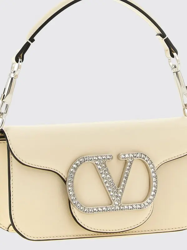 Valentino Garavani Locò Mini Leather Handbag With Crystal Vlogo - Ivory