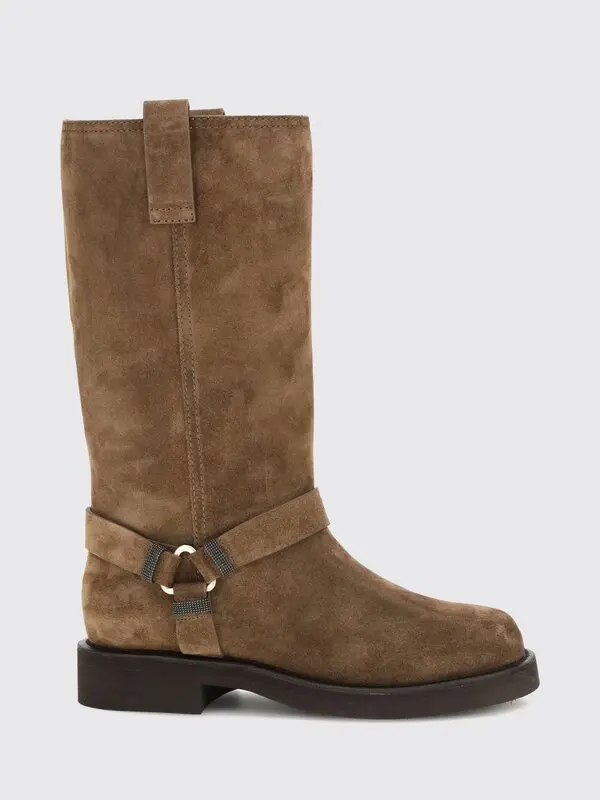 Brunello Cucinelli Suede Leather Biker Boots With Monili Embellishment - Brown