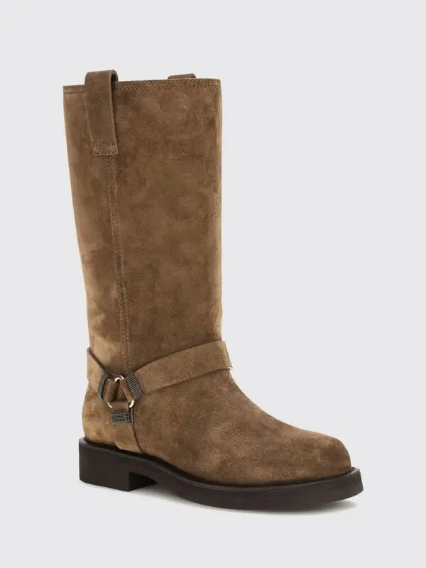 Brunello Cucinelli Suede Leather Biker Boots With Monili Embellishment - Brown