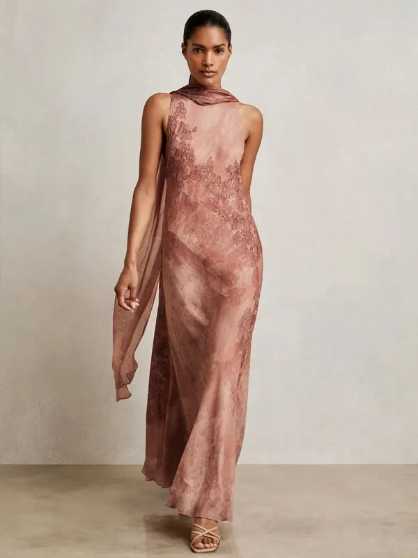 REISS Floral Lace Chiffon Cape Maxi Dress - Light Pink
