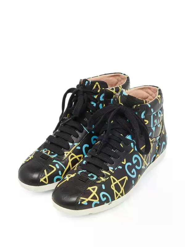 Gucci Leather Ghost Graffiti Print High-top Lace-up Sneakers