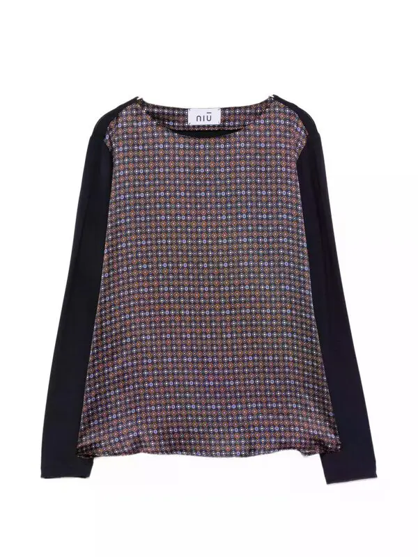 NIU Geometric Print Blouse With Boat Neck And Long Sleeves