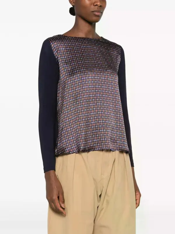 NIU Geometric Print Blouse With Boat Neck And Long Sleeves