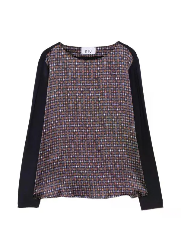 NIU Geometric Print Blouse With Boat Neck And Long Sleeves