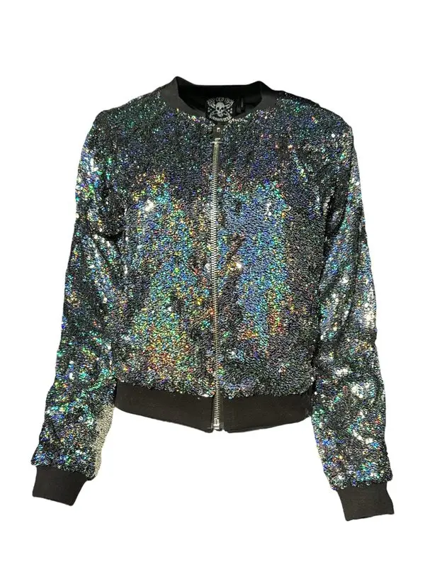 ANY OLD IRON Black / Silver Holographic Rainbow Glitter Forever Sequin Bomber Jacket - Black/silver