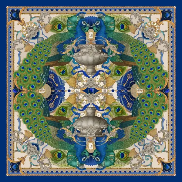 EMILY CARTER Blue / Green The Peacock & Fountain Silk Scarf Xl - Blue/green