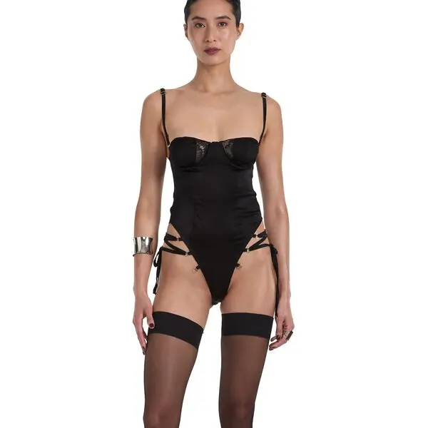LUNATIC FEMME Lace-up Silk Bodysuit - Black