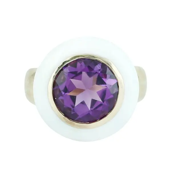 ARTISAN 14k Yellow White Enamel & Amethyst Halo Cocktail Ring