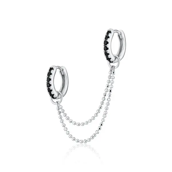 SCREAM PRETTY Black Stone Double Chain Huggie Earring - Silver